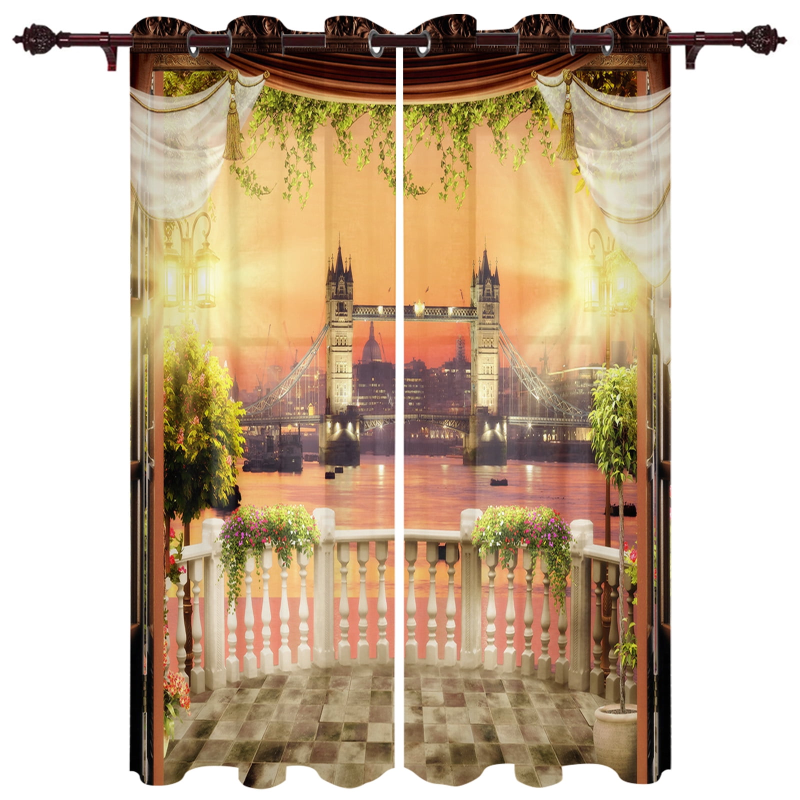 Courtyard City Night View Window Curtains Kitchen Bedroom Fabric Drapes ...