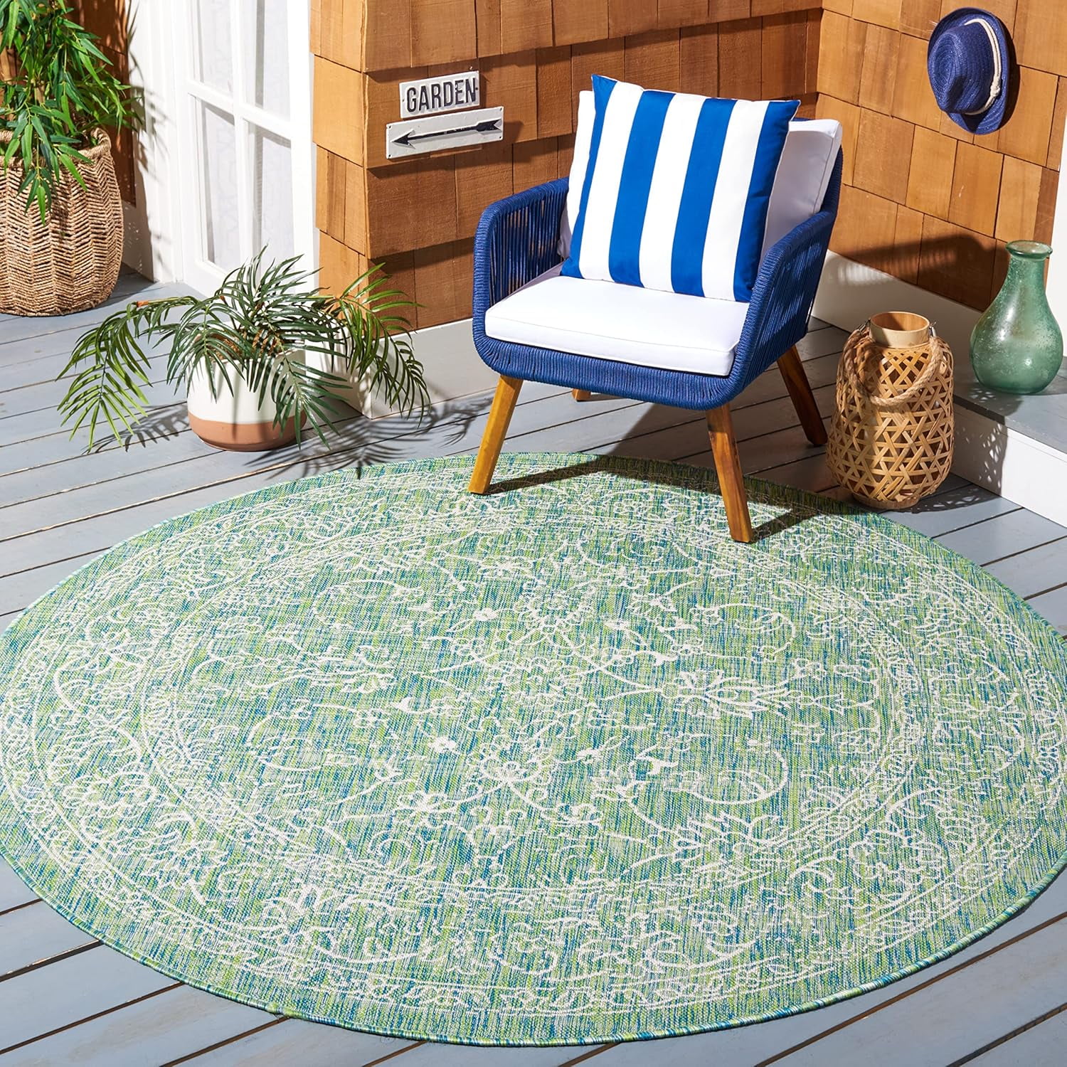 Courtyard Collection 5'3" Round Green/Ivory CY8680 Indoor/Outdoor Non-Shedding Easy Cleaning ...