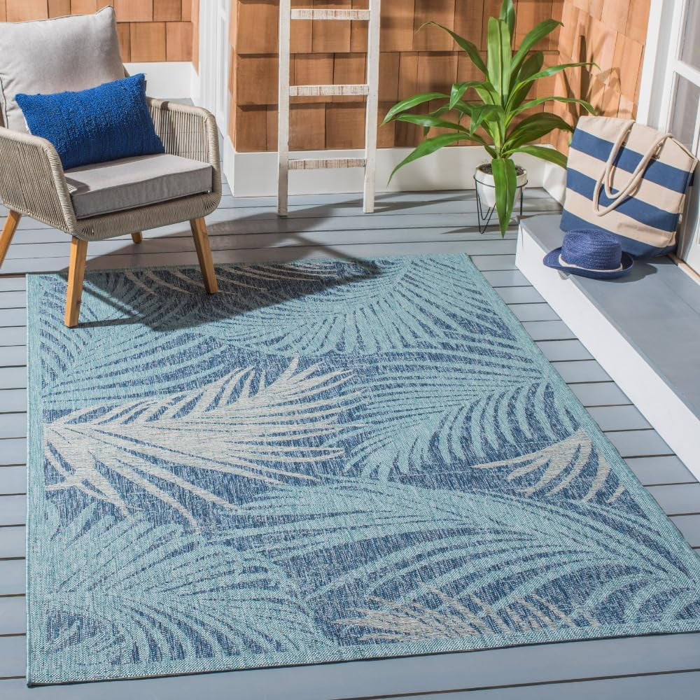 Courtyard Collection Area Rug - 5'3" X 7'7", Aqua & Navy, Non-Shedding ...