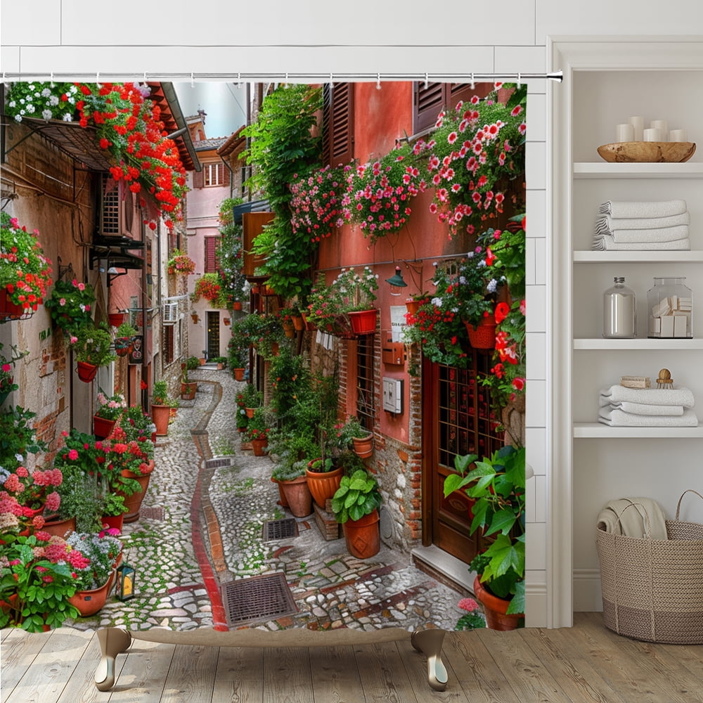 Courtyard Scenery Shower Curtain Set Bathroom Hanging Screen Green ...