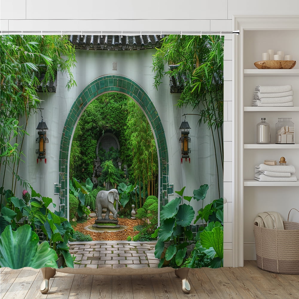 Courtyard Scenery Shower Curtain Set Bathroom Hanging Screen Green ...