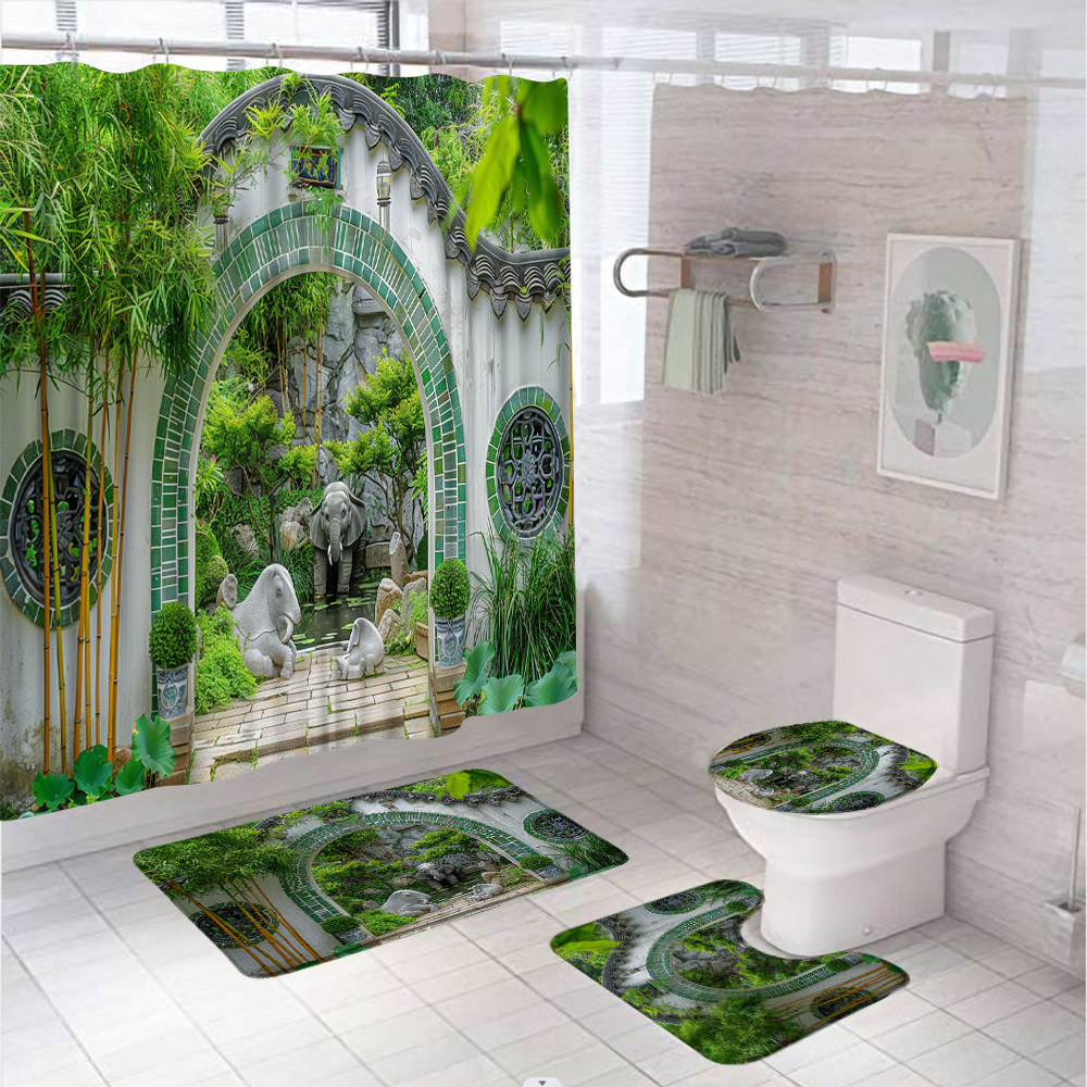 Courtyard Scenery Shower Curtain Set Bathroom Hanging Screen Green ...