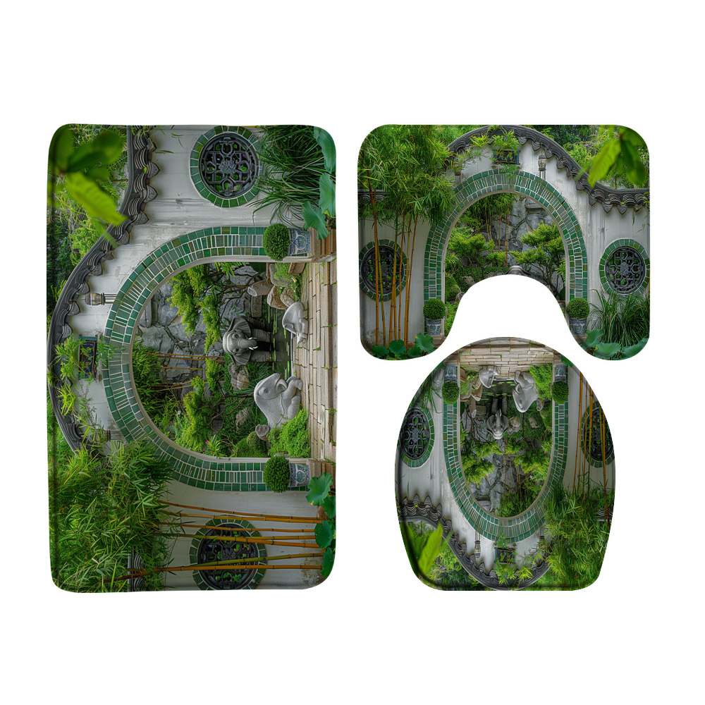 Courtyard Scenery Shower Curtain Set Bathroom Hanging Screen Green ...