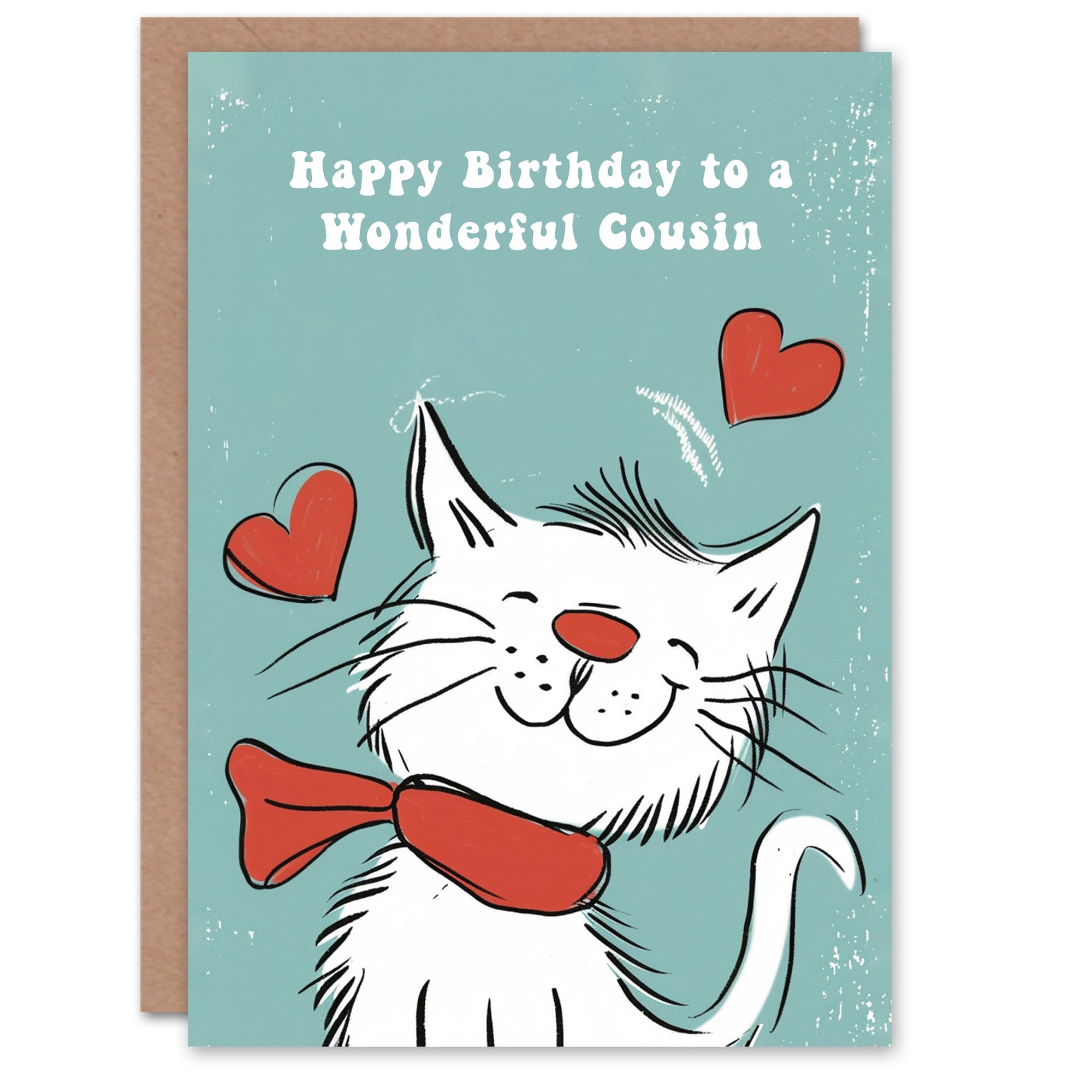 Cousin Happy Birthday Card Happy White Cat In Scarf Drawing Love Hearts ...