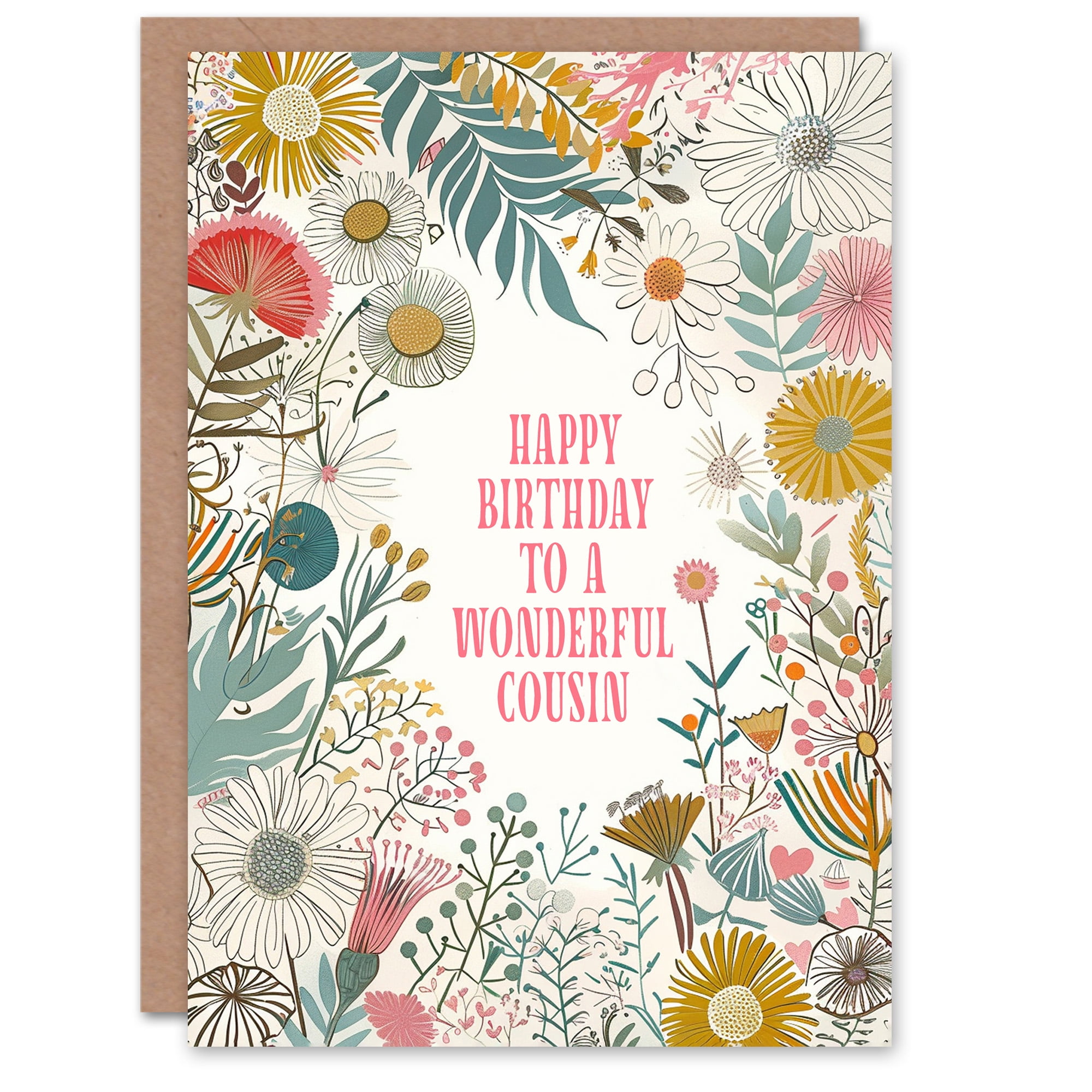 Cousin Happy Birthday Card Modern Floral Wildflower Boho Elegant ...