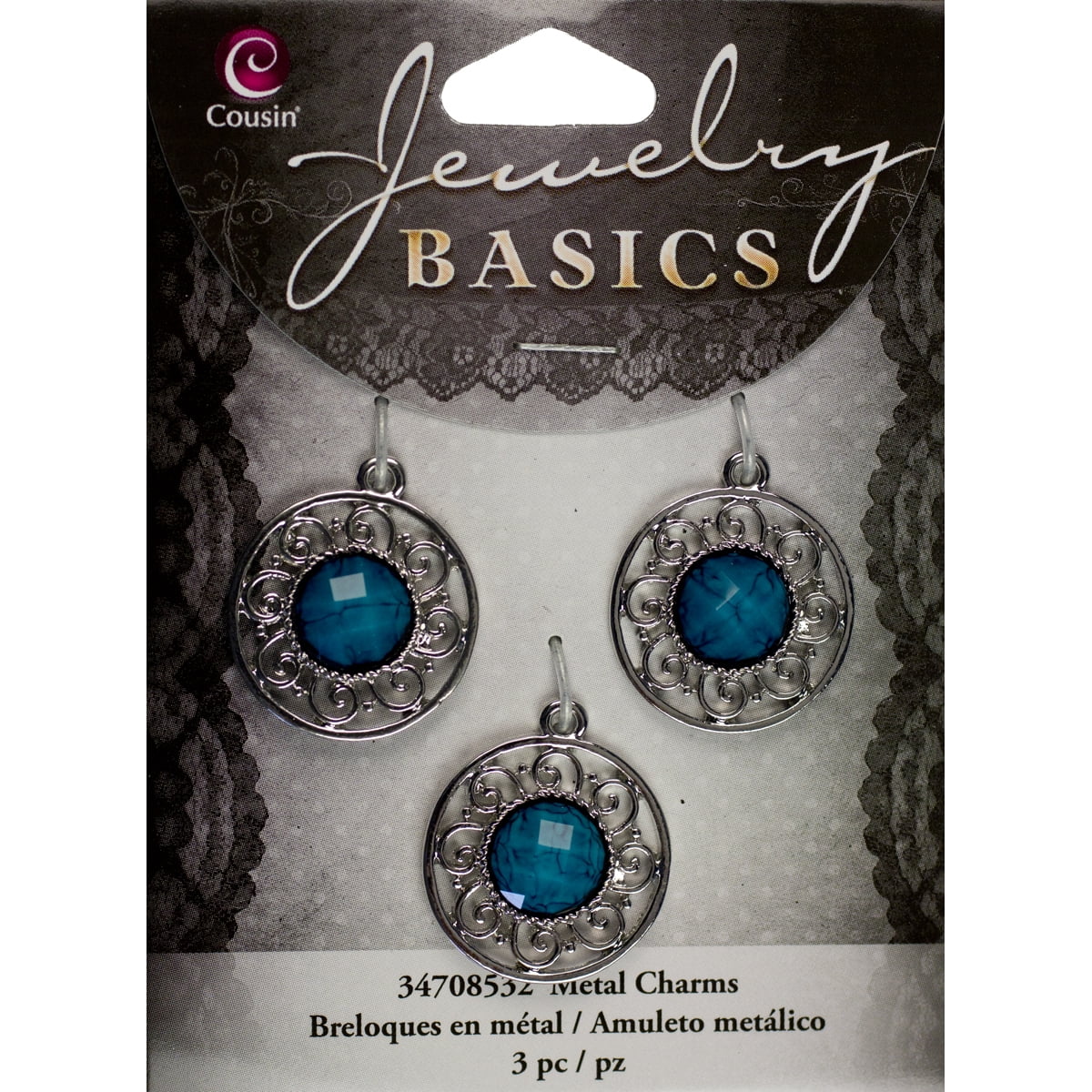 CousinDIY Jewelry Basics Metal Charms-Silver & Turquoise Filigree 3/Pkg ...