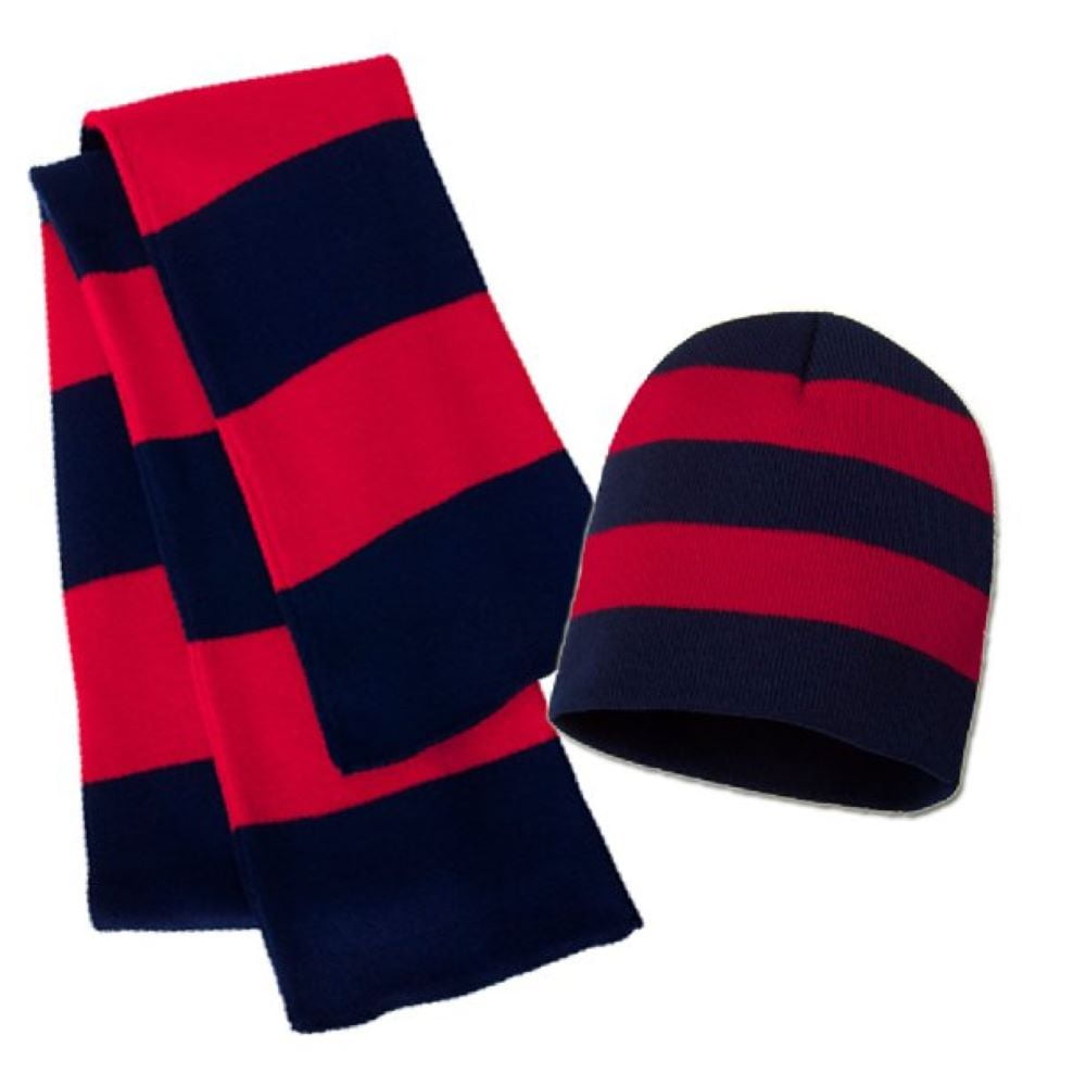 Knit Collegiate Rugby Striped Winter Scarf & Beanie Hat Set - Navy ...