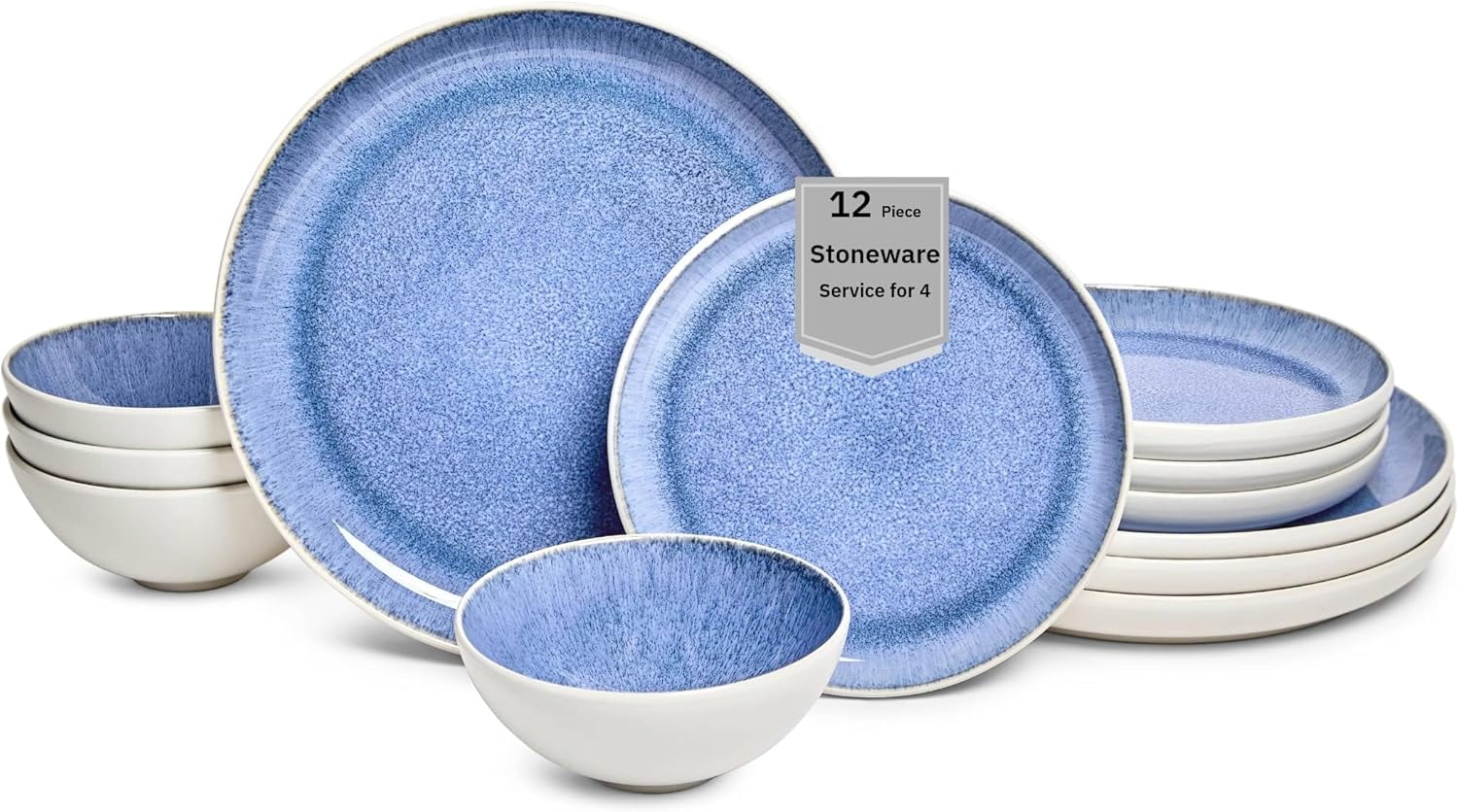 Cove 12-Piece Blue Stoneware Dinnerware Set – Service for 4, Plate ...