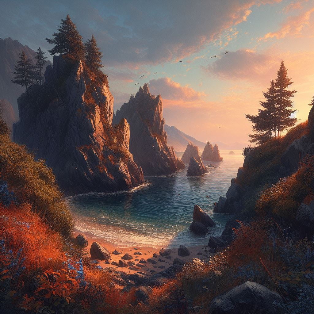 Cove Near The Ocean at Sunset Digital Painting II - 12" x 18" Art Print ...