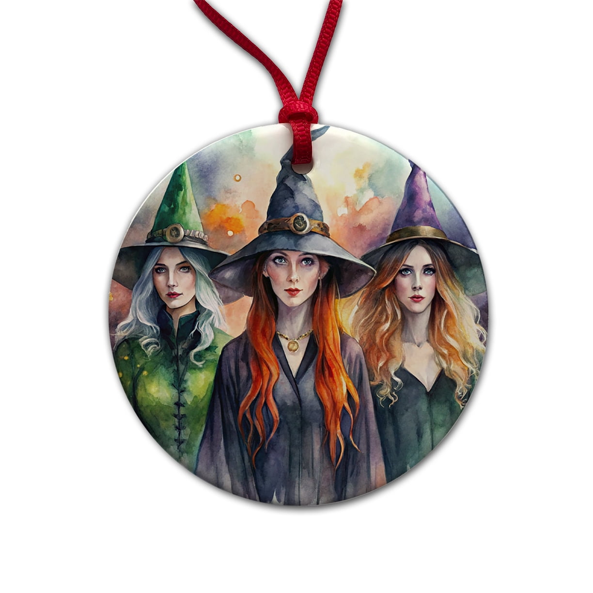 Coven Of Witches Watercolor Christmas Tree Holiday Round Ceramic ...