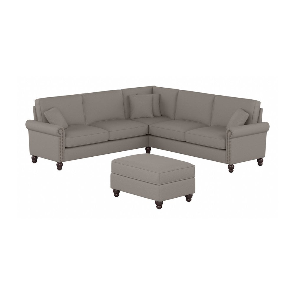 Coventry 99W L Shaped Sectional Couch with Ottoman in Beige Herringbone ...
