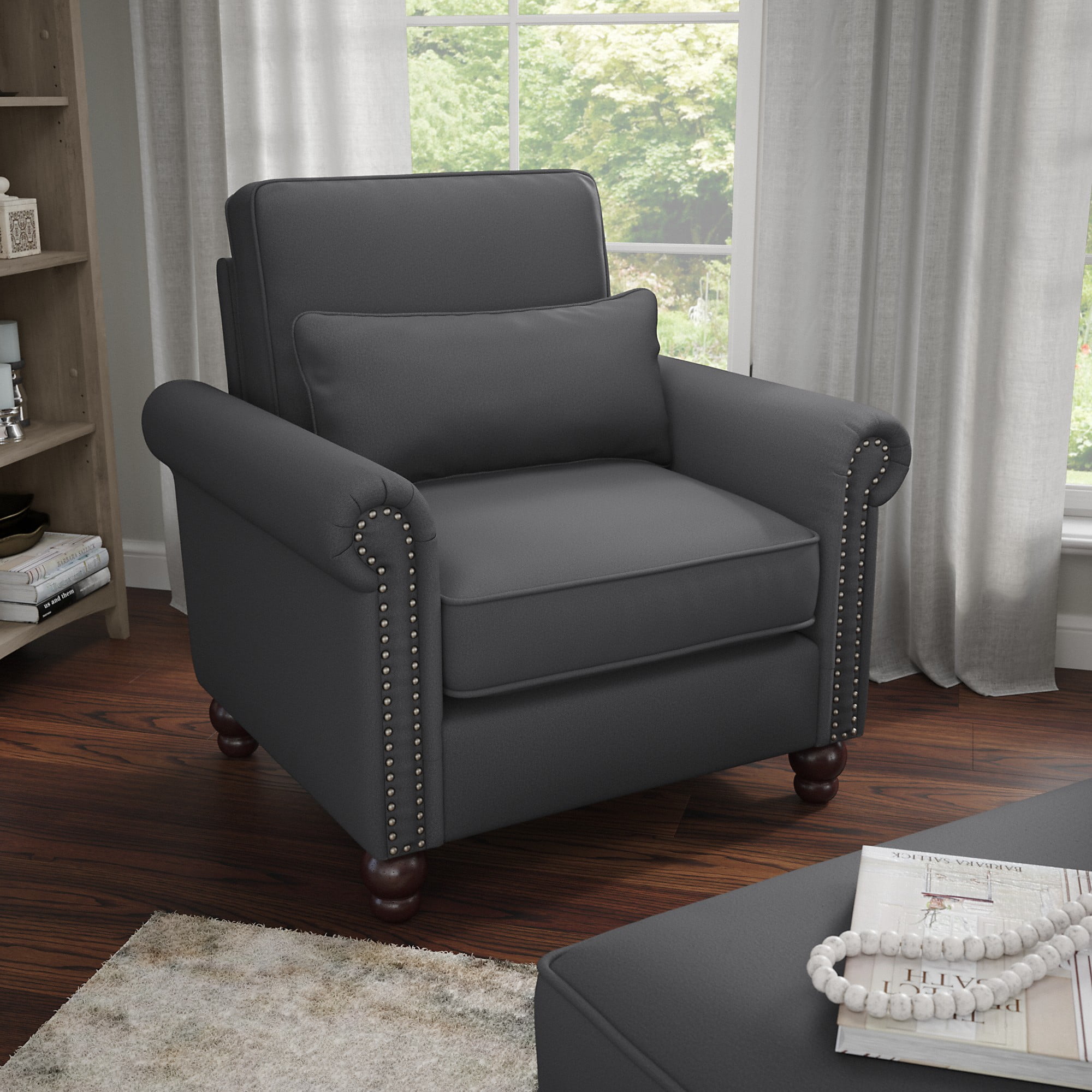 Coventry Accent Chair with Arms in Charcoal Gray Herringbone Fabric ...