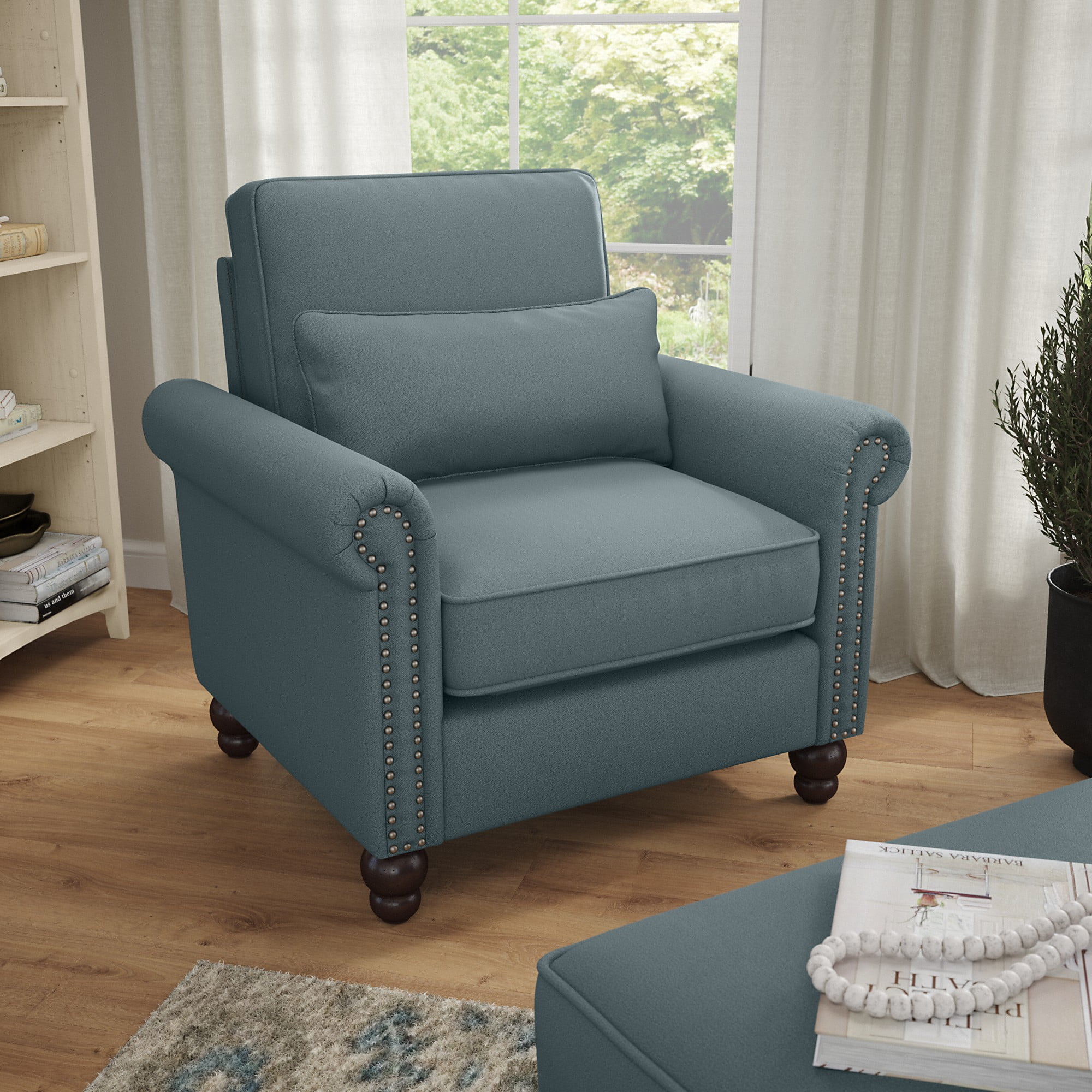 Coventry Accent Chair with Arms in Turkish Blue Herringbone Fabric ...