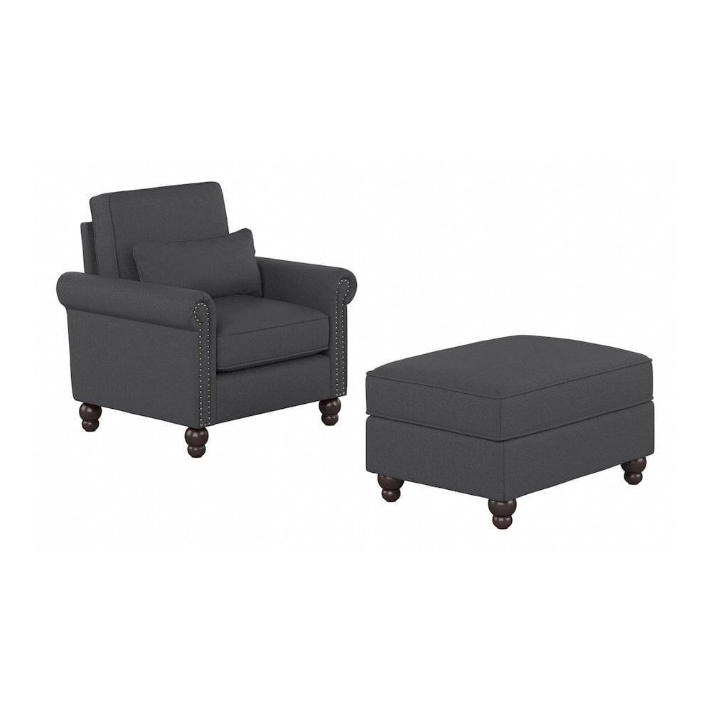 Coventry Accent Chair with Ottoman Set in Charcoal Gray Herringbone ...