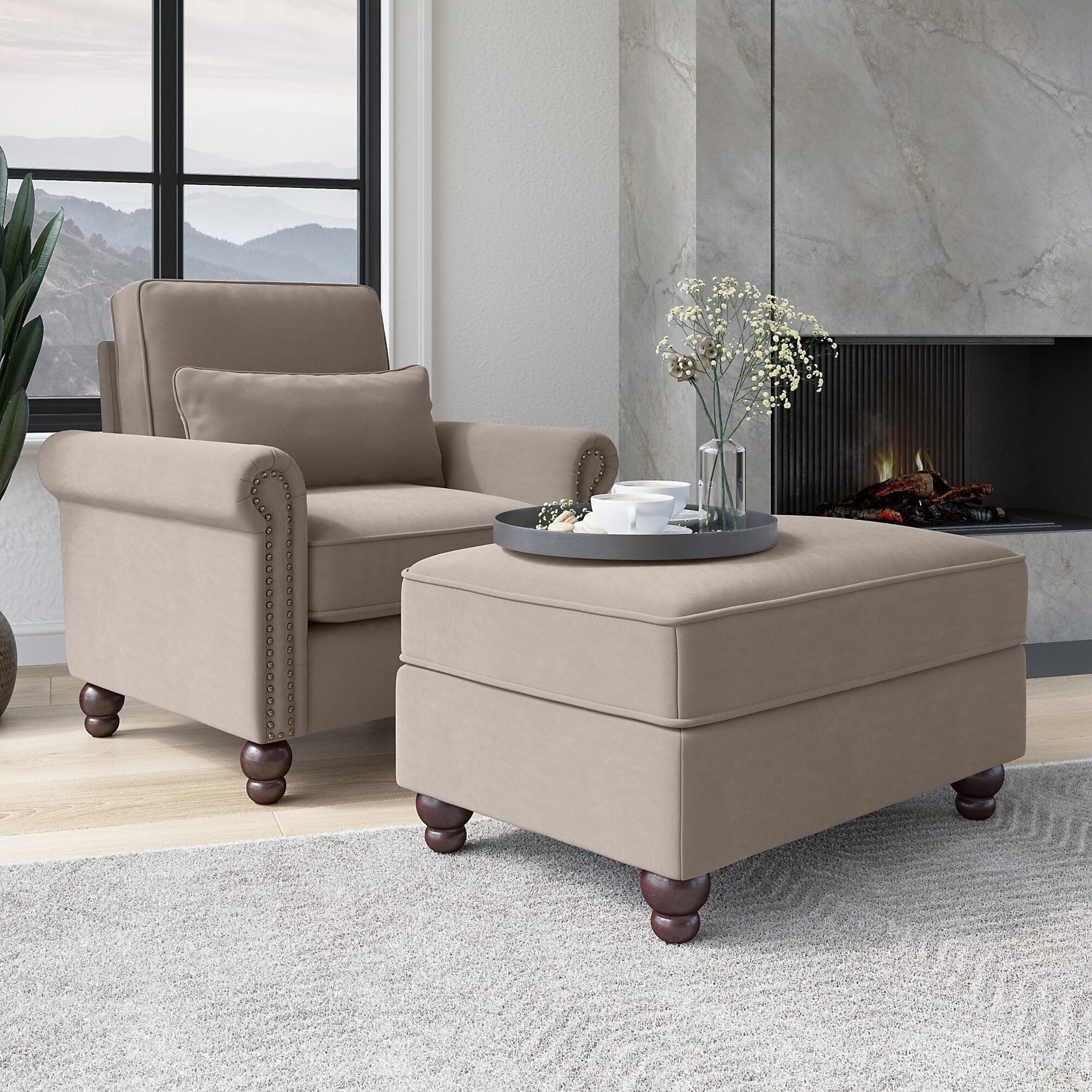 Coventry Accent Chair with Ottoman Set in Tan Microsuede Fabric ...