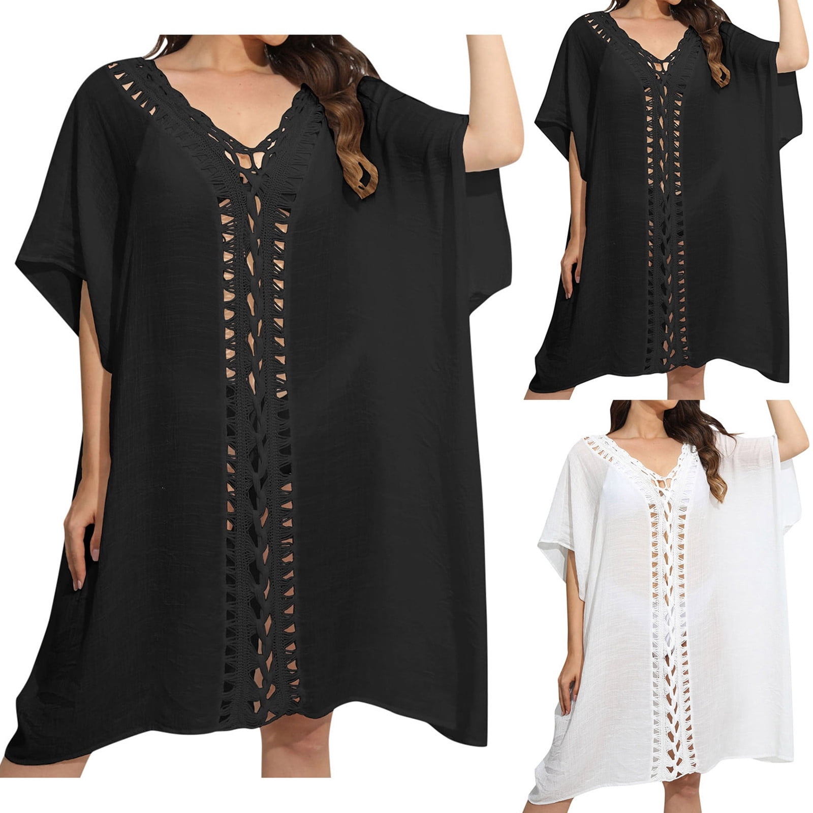 Cover Ups for Swimwear Women Crochet V Neck Short Sleeve Coverup Dress ...