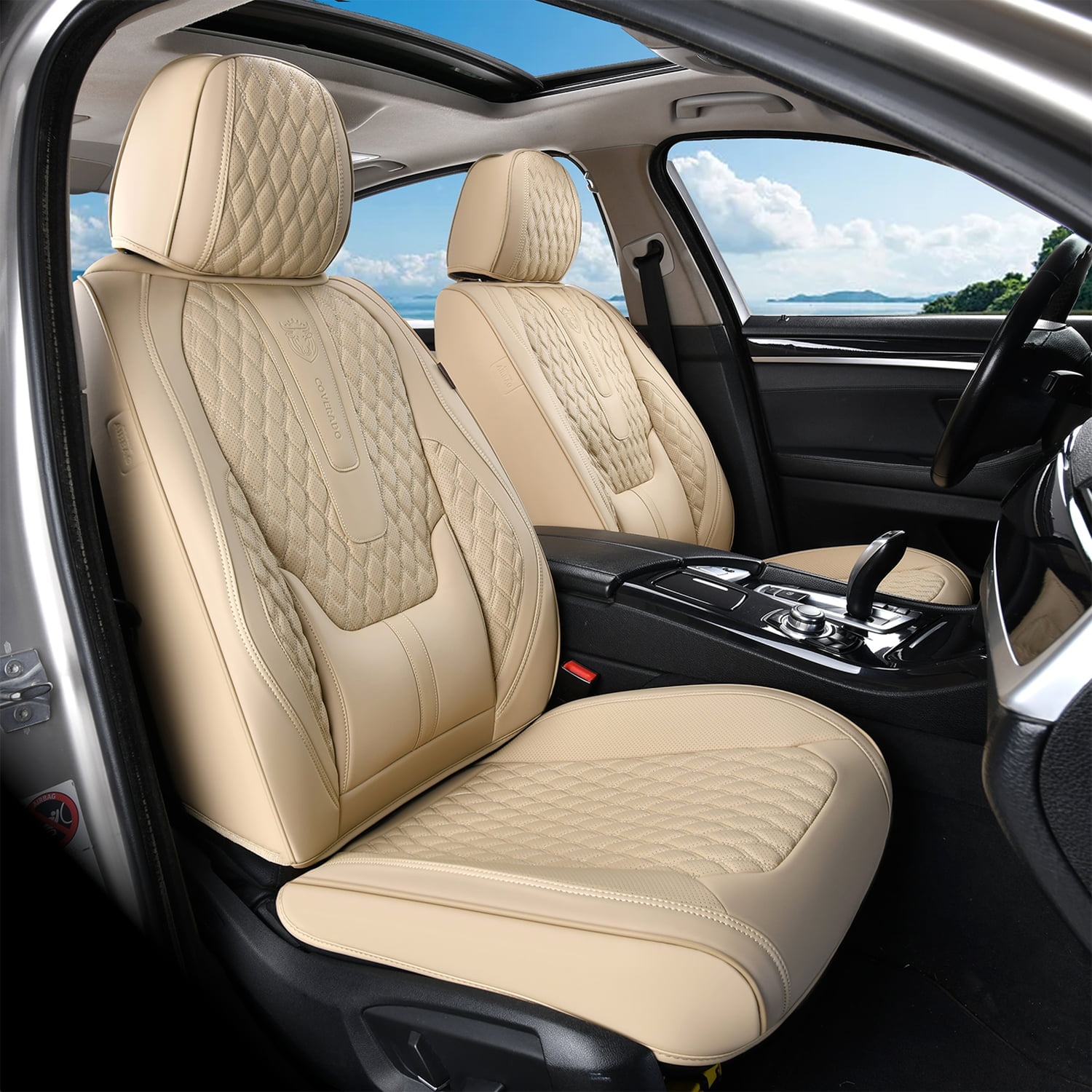 Coverado Beige Car Seat Covers Front, Waterproof Faux Leather Auto Seat ...