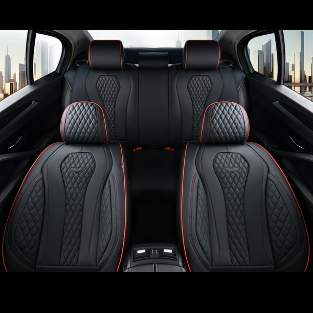 Coverado Leather Car Seat Covers Full Set, 5 Seats Black &Red Trim ...