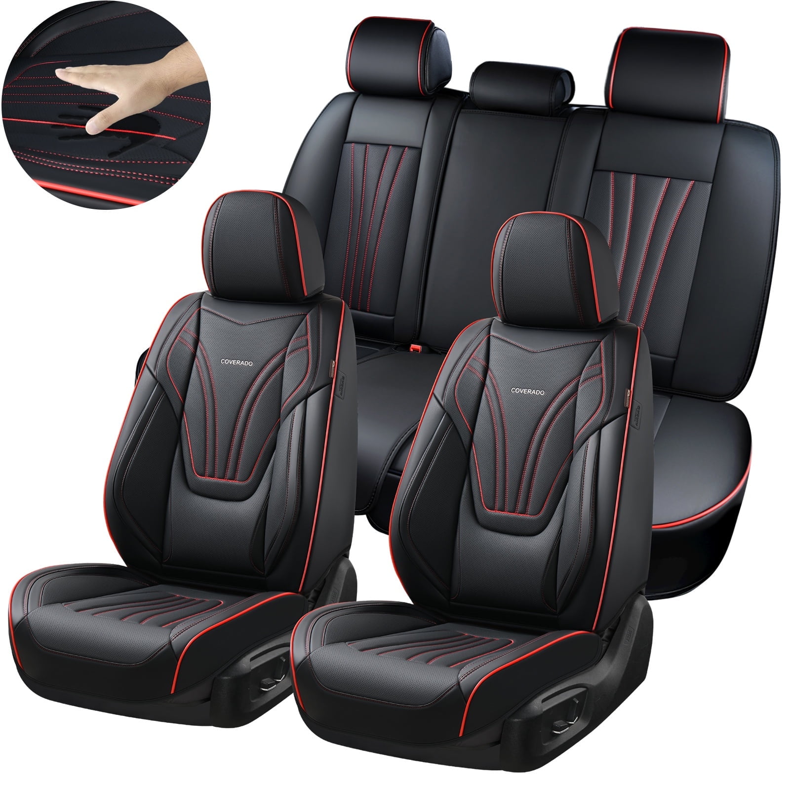 Coverado Red Trim Car Seat Covers Full Set, Waterproof Faux Leather Front and Back Seat ...