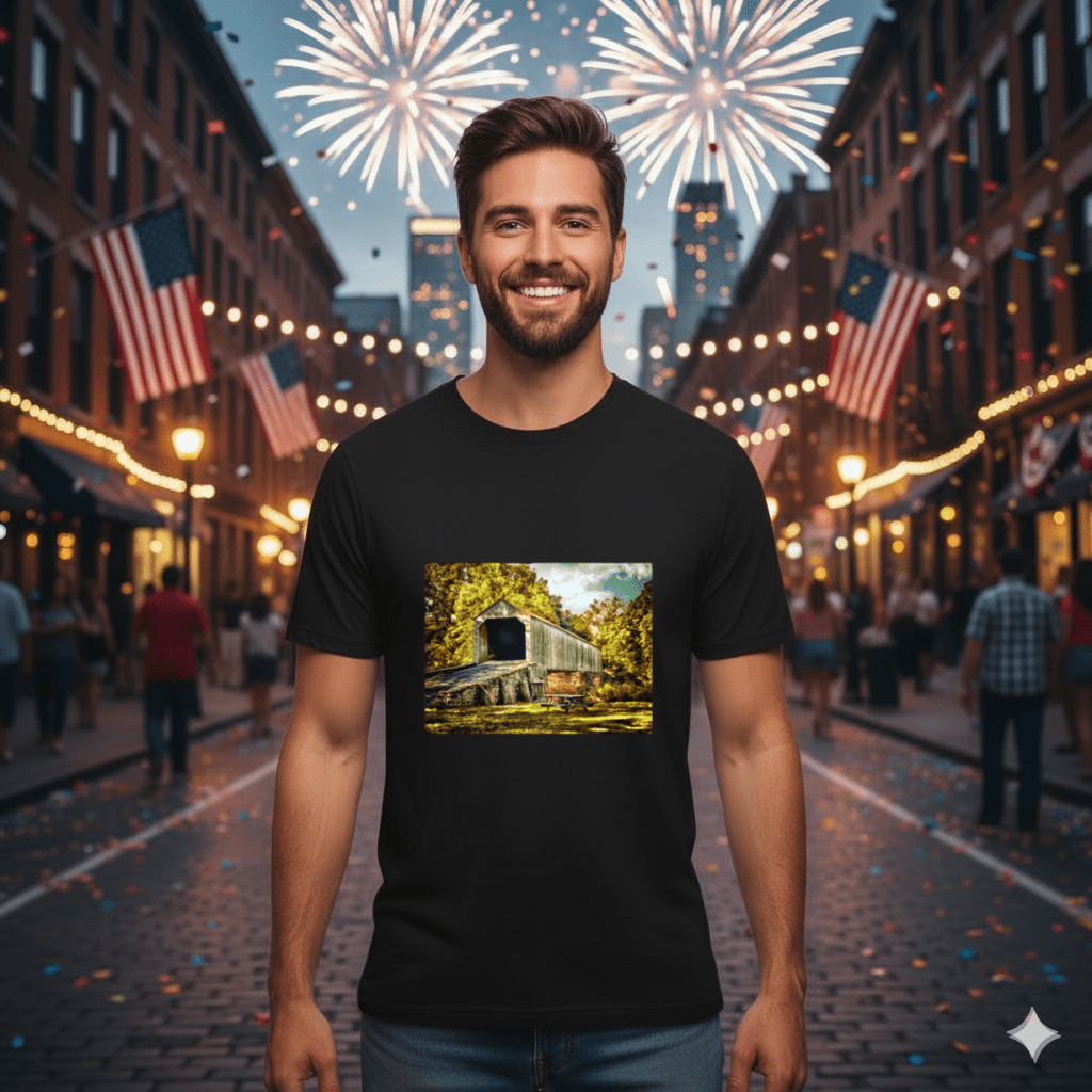 Covered Bridge Fall Scene Rustic Autumn Landscape Art Unisex T-Shirt ...
