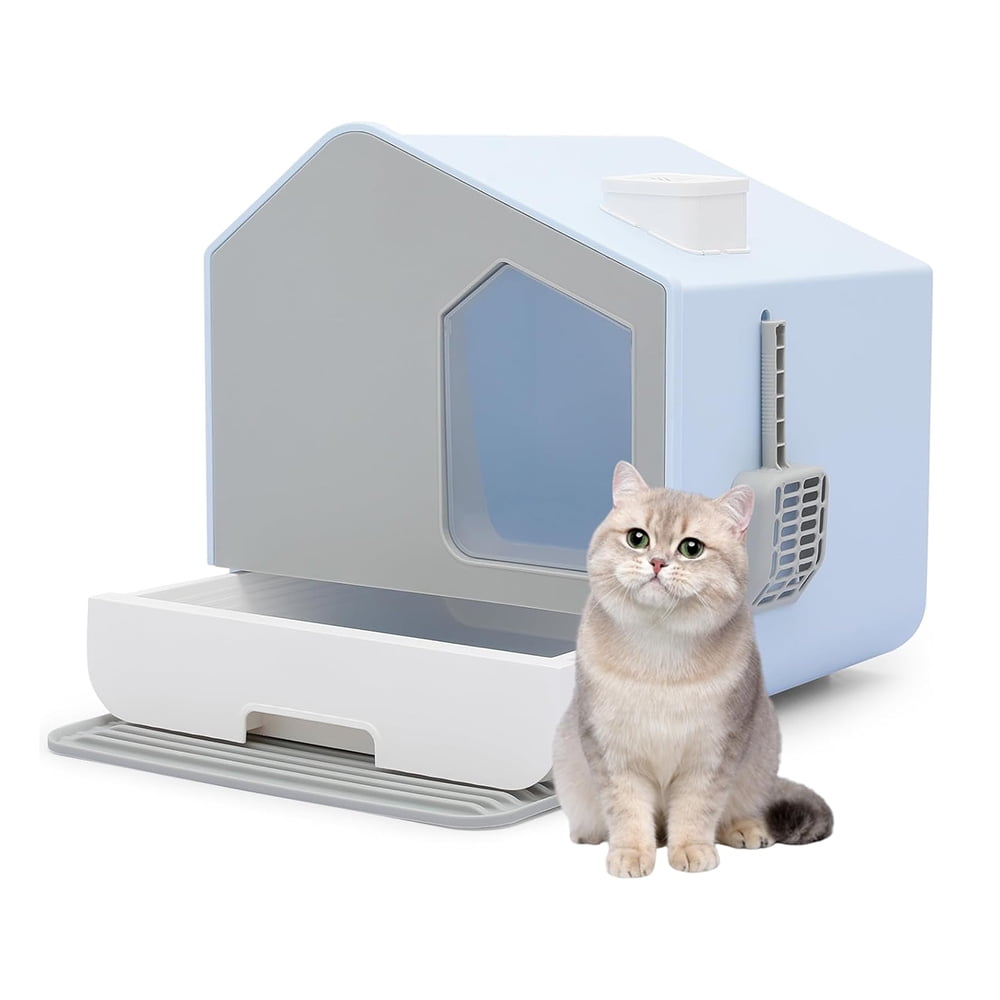 Covered Cat Litter Box with Mat and Litter Scoop, Covered Hooded Cat ...