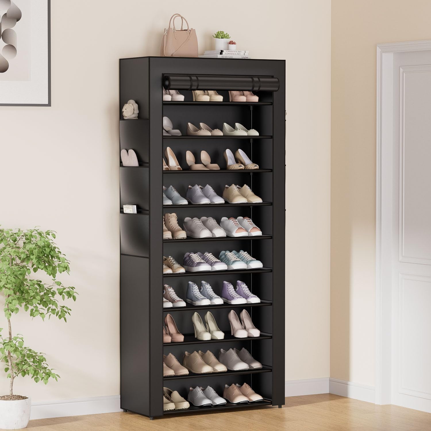 Covered Shoe Rack Tall Metal Shoes Rack Organizer for Entryway Garage ...