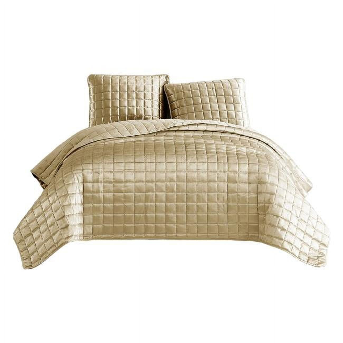 Coverlet Set with Stitched Square Pattern, Gold - King Size - 3 Piece ...
