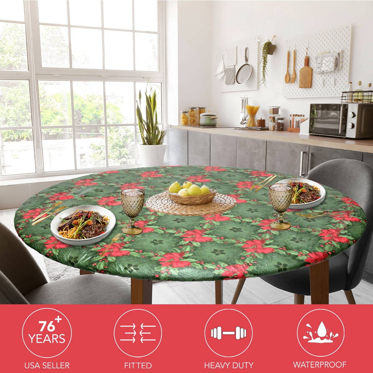 Deluxe Elastic Edged PEVA Vinyl Tablecloth - Holly, Small Round - Fits ...