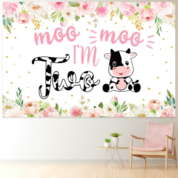 Cow 2nd Birthday Decorations for Girl, Moo Moo I’m Two Backdrop Pink ...