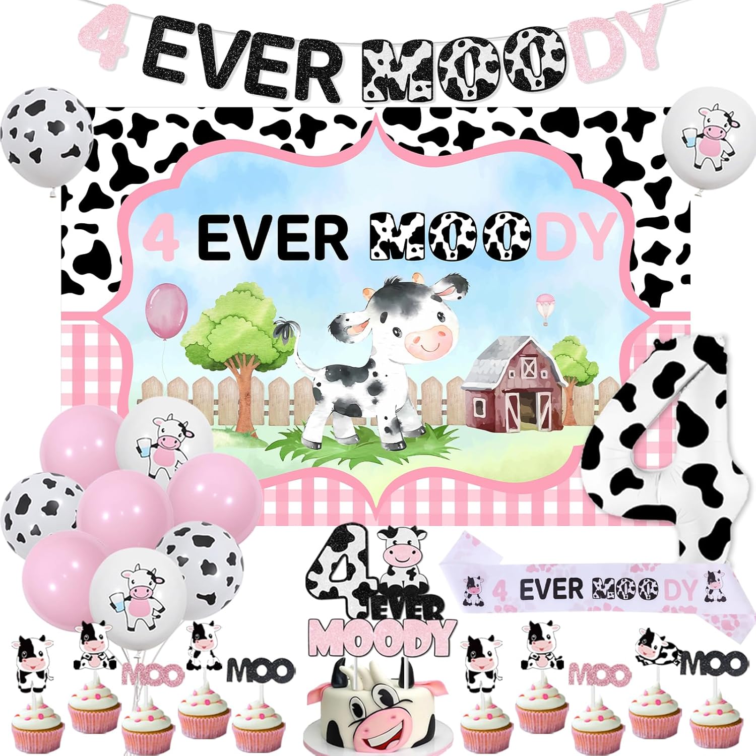 kreat4joy Cow 4th Birthday Decorations for Girls, 4ever Moody Birthday ...