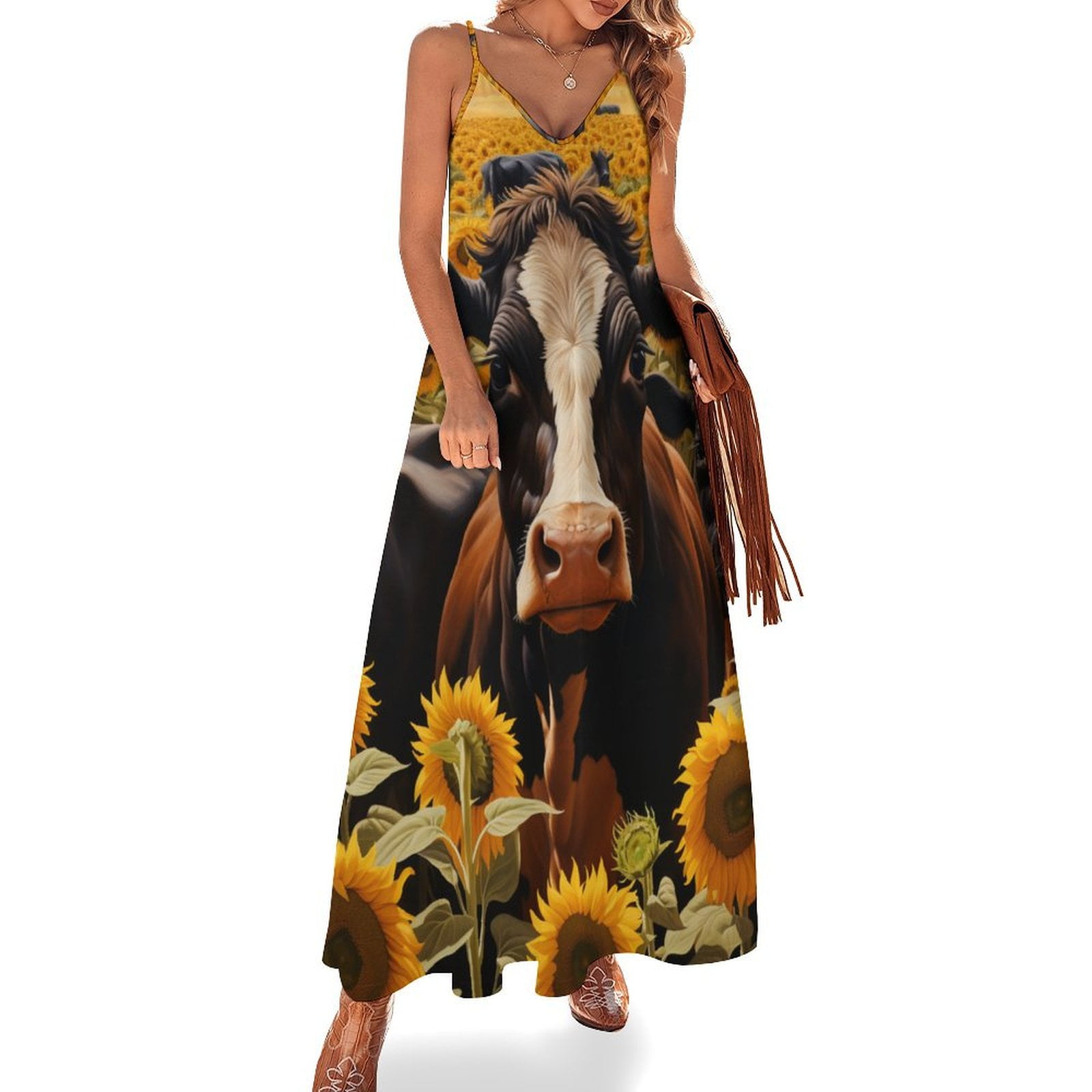 Cow (56) Suspender Ankle Length Dress Print Fashion Party Dress Ladies ...