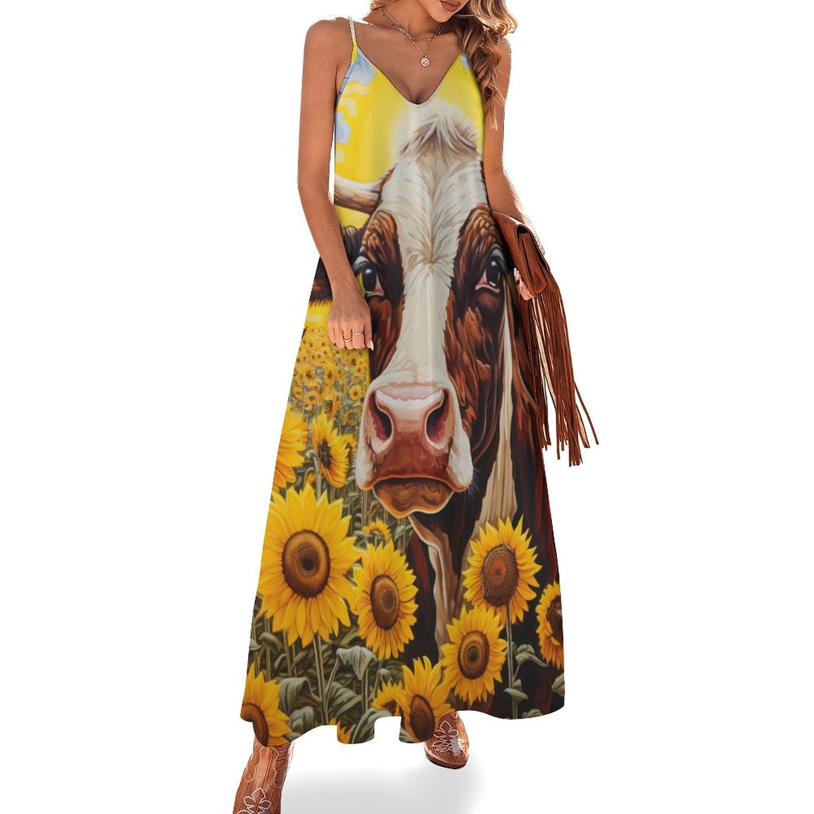 Cow (58) Suspender Ankle Length Dress Print Fashion Party Dress Ladies ...
