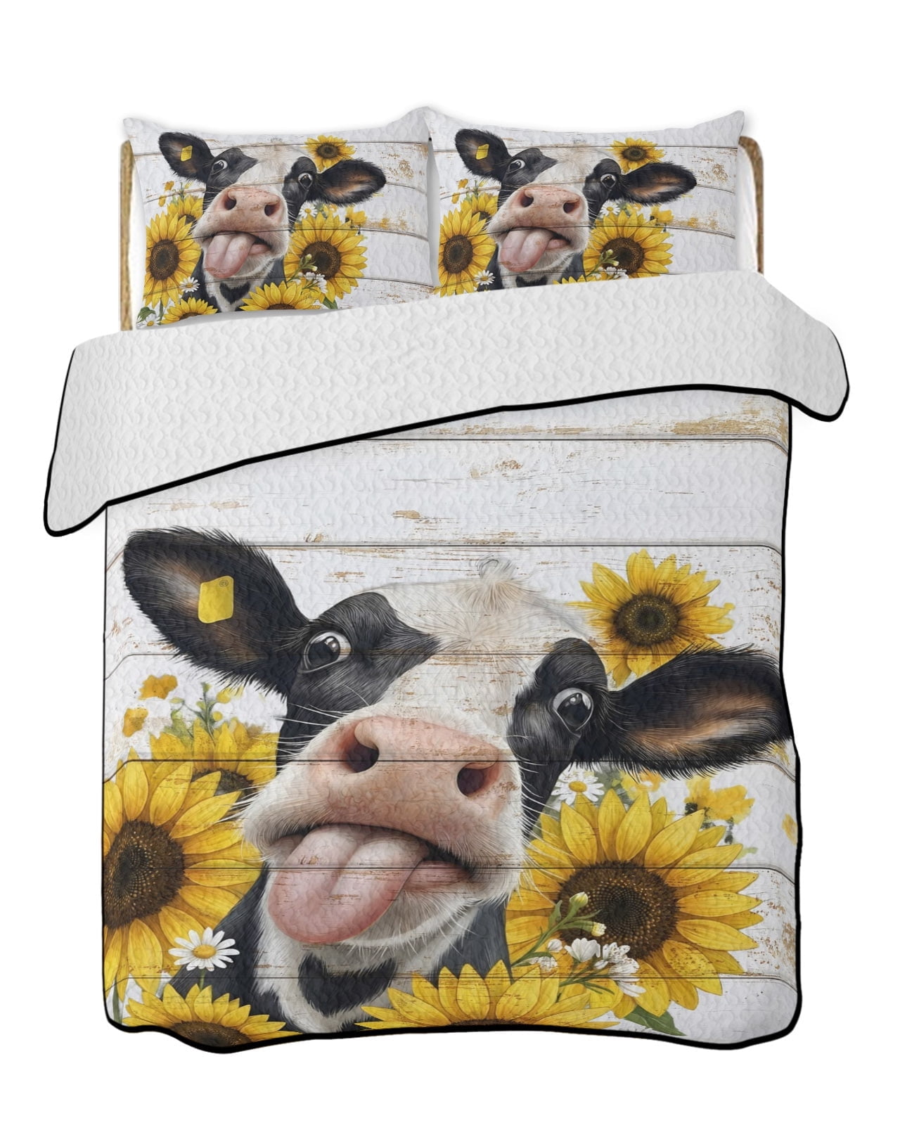 Cow Animal 3 Piece Quilt Bedding Set with 2 Pillow Shams, Yellow ...
