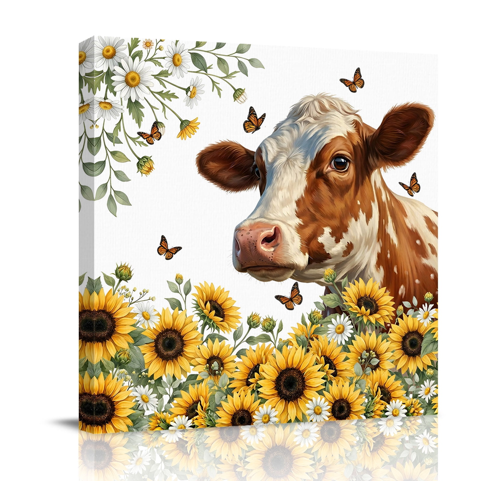 Cow Animal Canvas Wall Art for Living Room, Yellow Sunflower Farmhouse ...