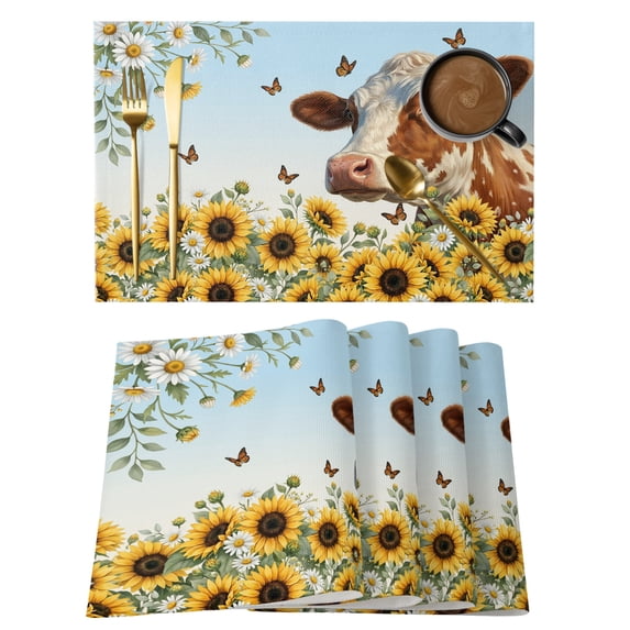 Cow Animal Cotton Linen Placemats Set of 1, Yellow Sunflower Farmhouse ...