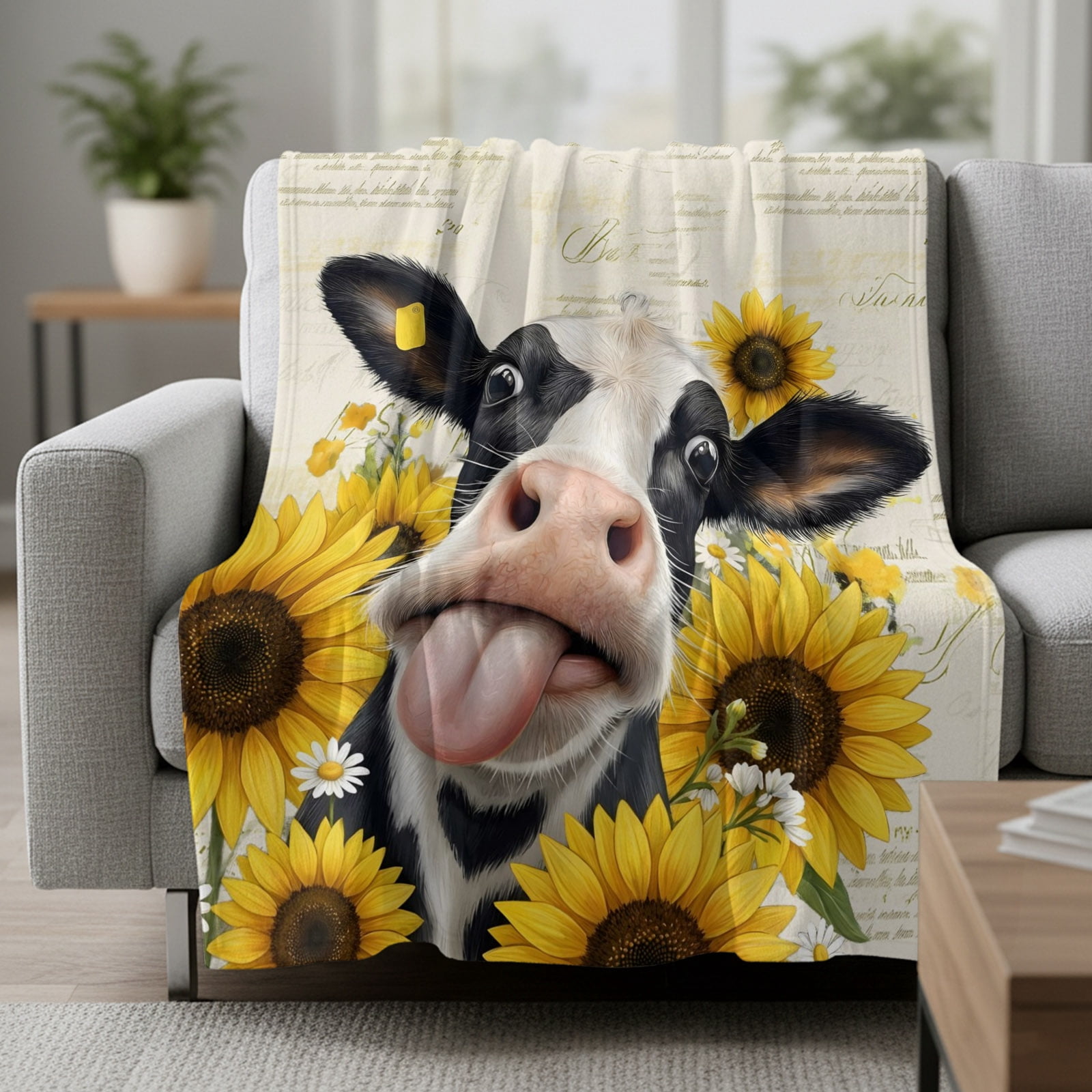 Cow Animal Fleece Throw Blanket Yellow Sunflower Farmhouse Vintage ...