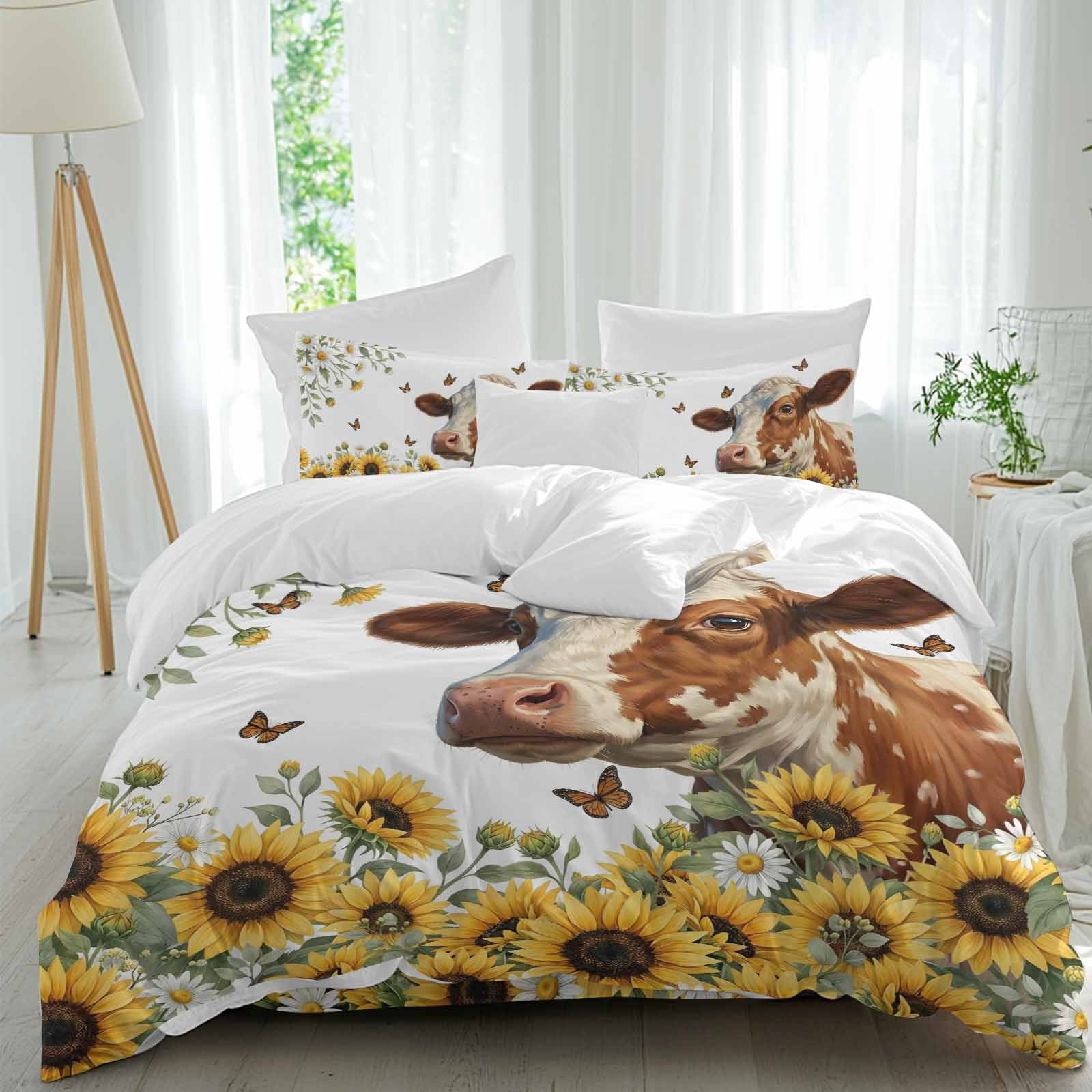 Cow Animal Full Duvet Cover Set, Yellow Sunflower Farmhouse Daisy ...