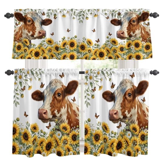 Cow Animal Kitchen Curtains Set for Windows, Yellow Sunflower Farmhouse ...
