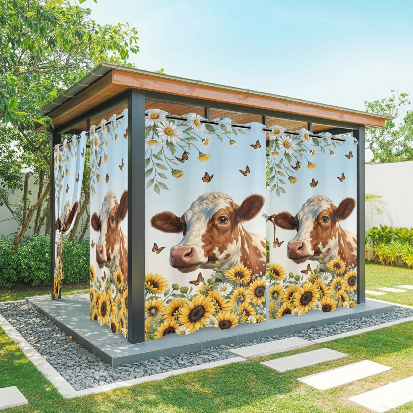 Cow Animal Outdoor Curtains for Patio, Yellow Sunflower Farmhouse Daisy ...