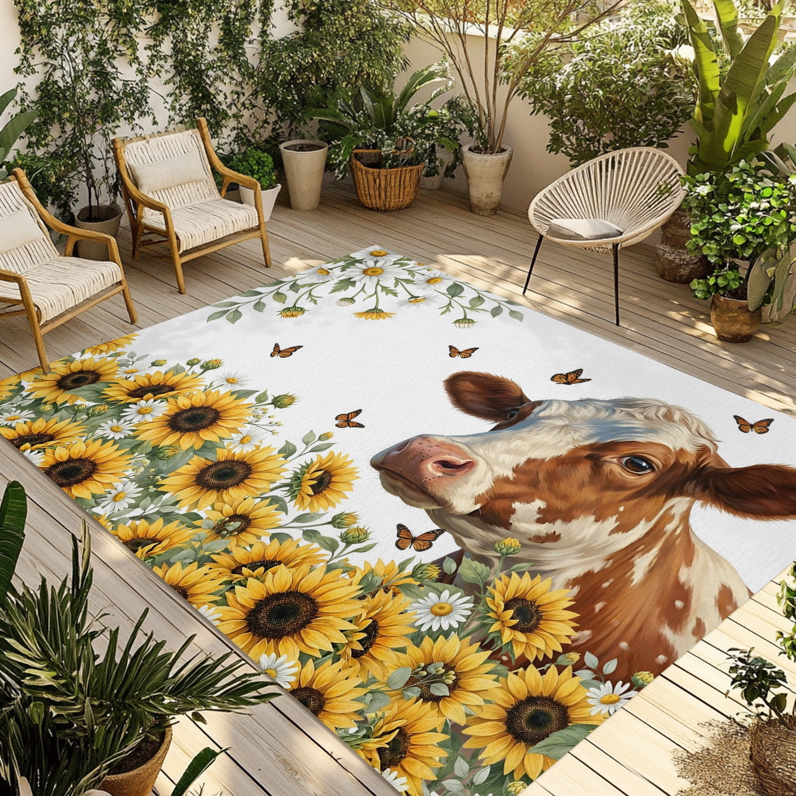 Cow Animal Outdoor Rug 5x8 ft Yellow Sunflower Farmhouse Daisy ...