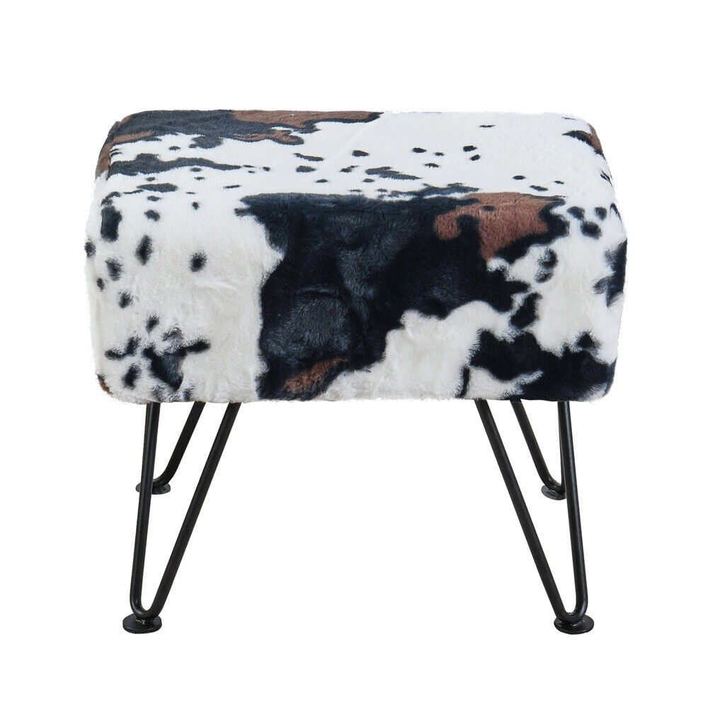 Cow Animal Print Faux Fur Bench Ottoman with Black Metal Frame Home ...