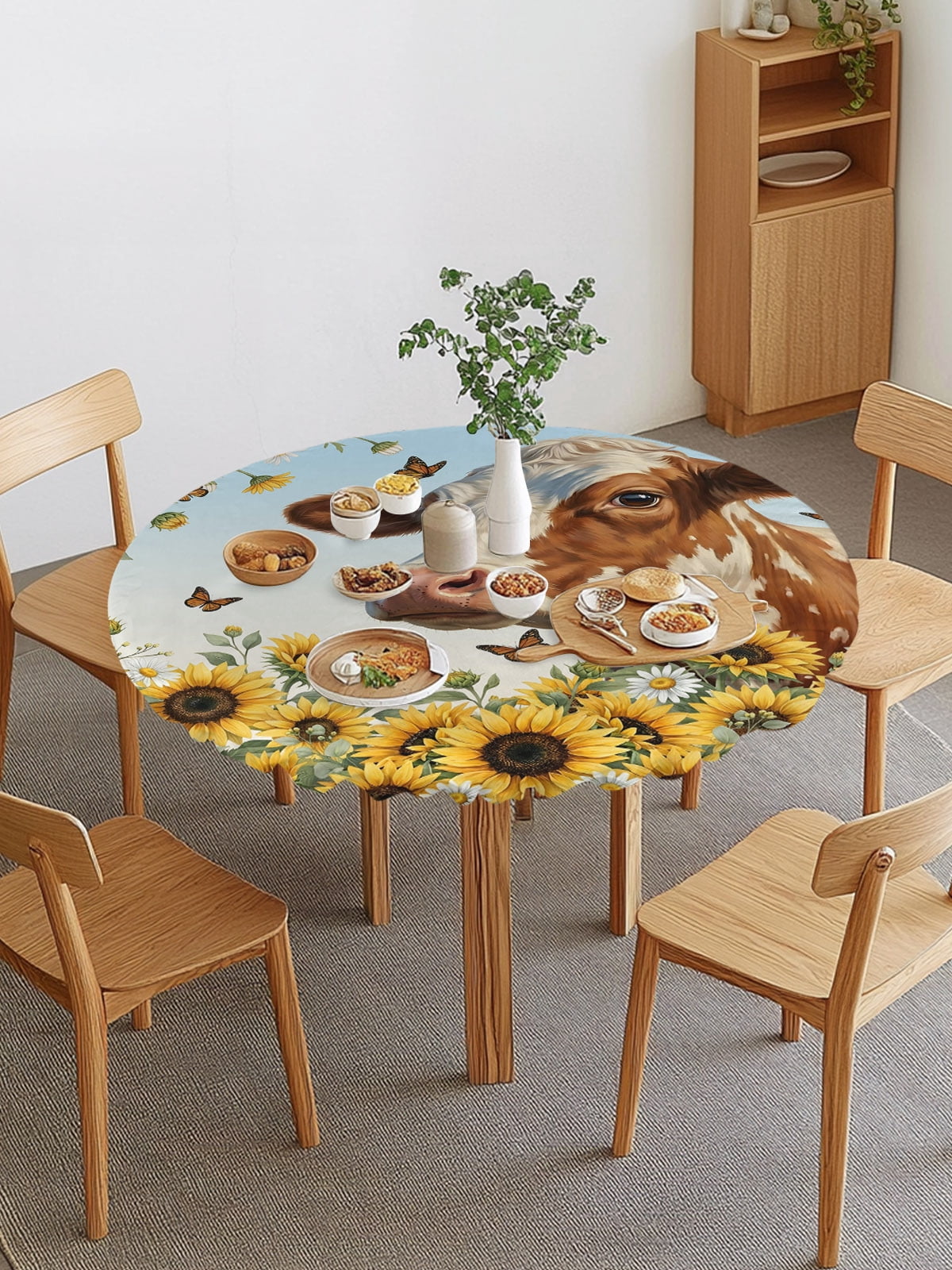 Cow Animal Round Fitted Tablecloth with Elastic Edge, Yellow Sunflower ...