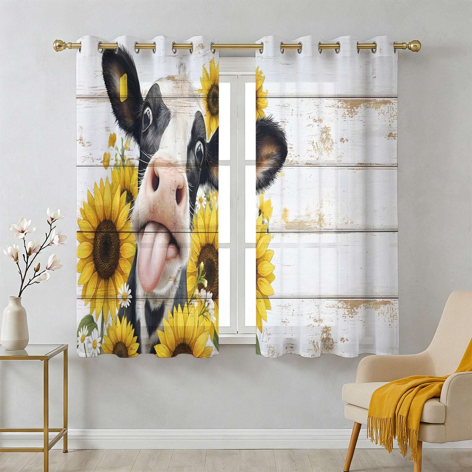 Cow Animal Sheer Curtains 45 Inch Long 2 Panels, Yellow Sunflower White ...