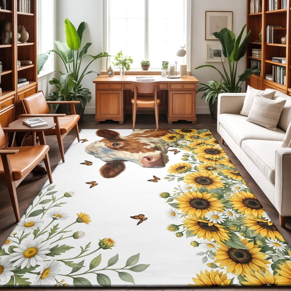 Cow Animal Washable Area Rug 5 x 8 ft Yellow Sunflower Farmhouse Daisy ...