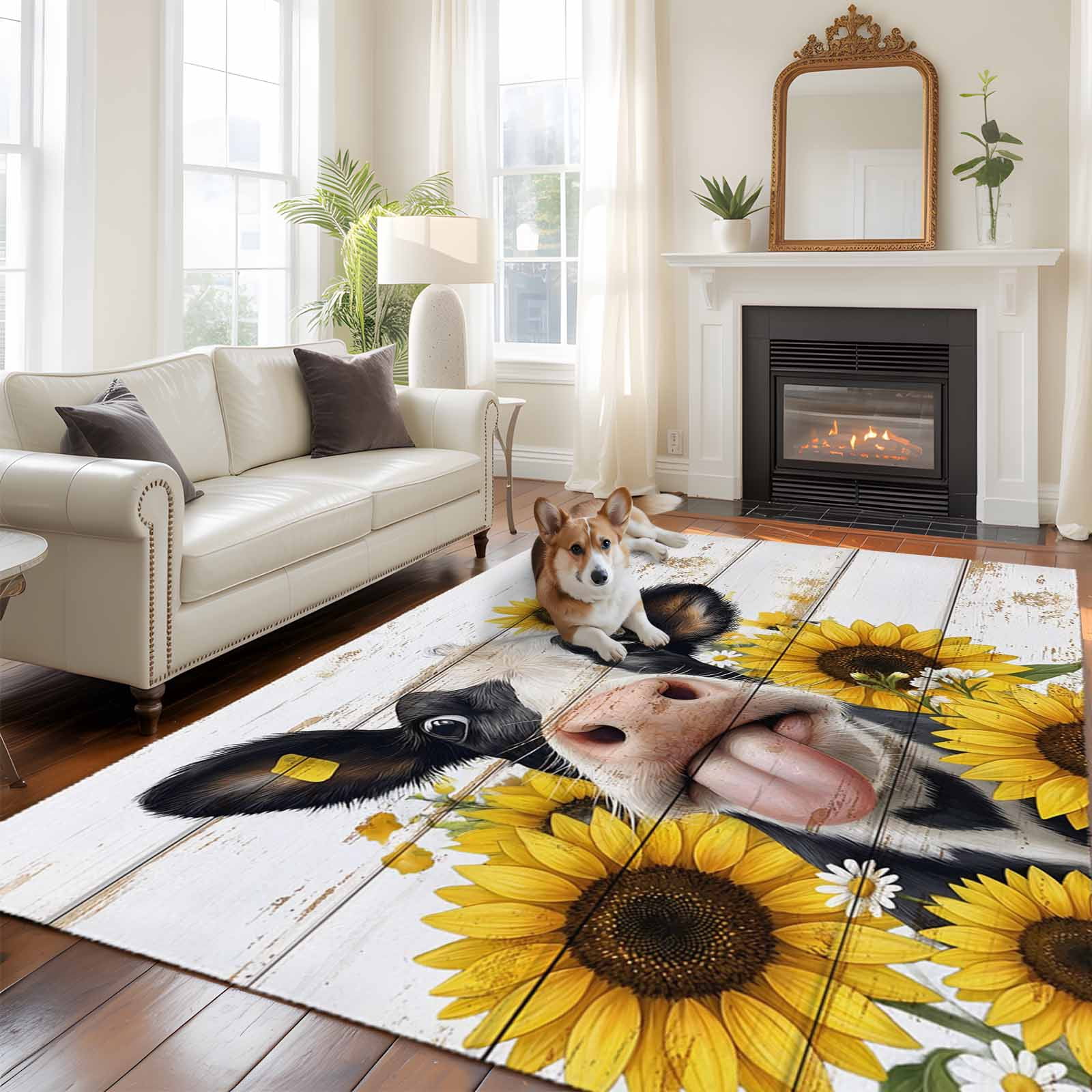 Cow Animal Washable Area Rug 5x8 Yellow Sunflower White Wood Striped ...