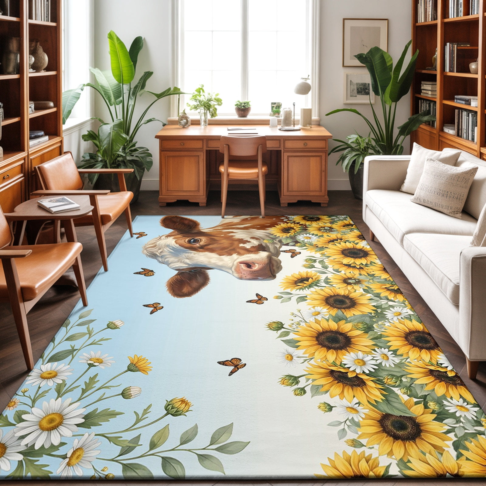 Cow Animal Washable Area Rug 6 x 9 ft Yellow Sunflower Farmhouse Daisy ...