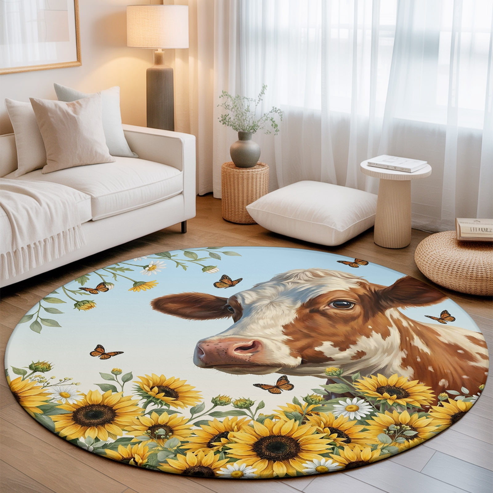 Cow Animal Washable Round Area Rug 3.3 ft, Yellow Sunflower Farmhouse ...