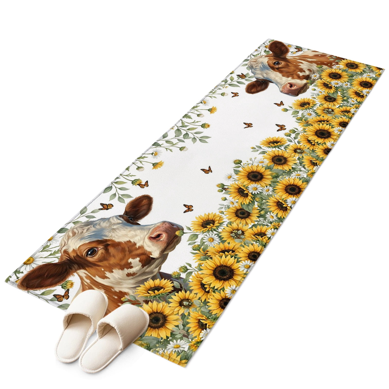 Cow Animal Washable Runner Rugs 2'x6', Yellow Sunflower Farmhouse Daisy ...
