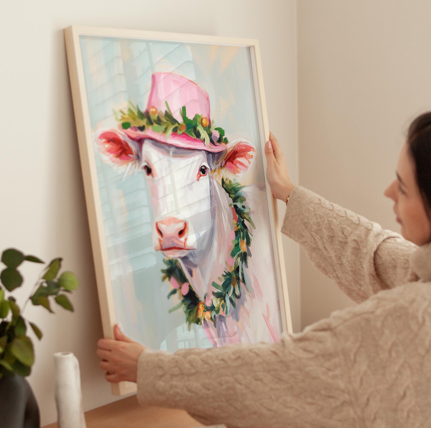 Cow Art Poster Festive Farmhouse Home Decor , Cozy Winter Cow Poster ...