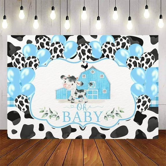 Cow Baby Shower Backdrop Blue Cow Print Oh Baby Photography Background ...